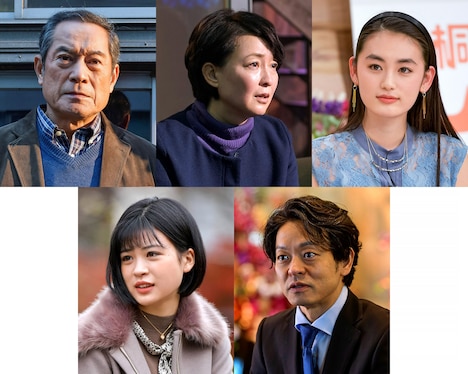 「アノニマス～警視庁“指殺人”対策室～」第1話ゲスト一覧。上段左から松平健、床嶋佳子、八木莉可子。下段左から中田青渚、山中崇。
