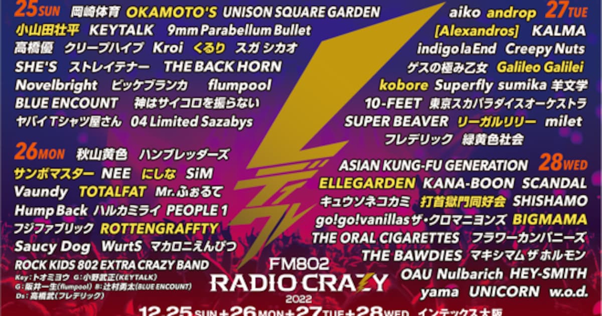 「RADIO CRAZY」全アーティスト発表でエルレ、Galileo Galilei、くるり、アレキら - 音楽ナタリー