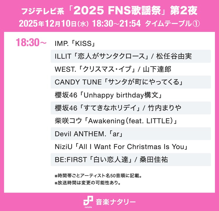 フジテレビ系「2025 FNS歌謡祭」第2夜18:30～のタイムテーブル。 - 「FNS歌謡祭」第2夜タイムテーブル発表！キンプリ、超特急 ...