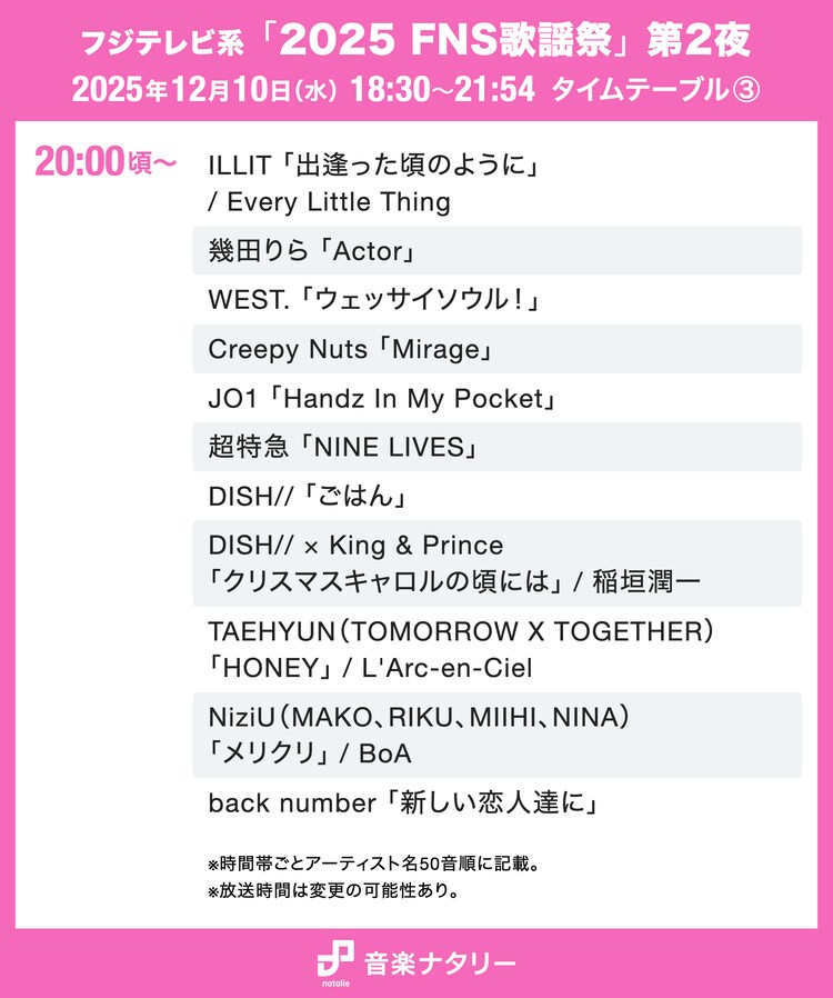 フジテレビ系「2025 FNS歌謡祭」第2夜20:00頃～のタイムテーブル。 - 「FNS歌謡祭」第2夜タイムテーブル発表！キンプリ、超特急 ...