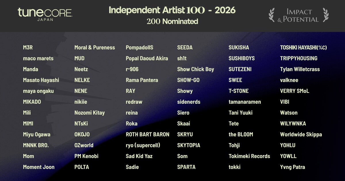 「TuneCore Japan INDEPENDENT ARTIST 100 - 2026」ノミネートアーティスト [画像・音声ギャラリー 3 ...